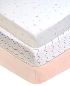 american baby company 3 pack fitted crib sheets 28" x 52", soft breathable neutral 100% cotton jersey sheet, pink star/zigzag, for boys and girls, fits crib and toddler bed mattresses