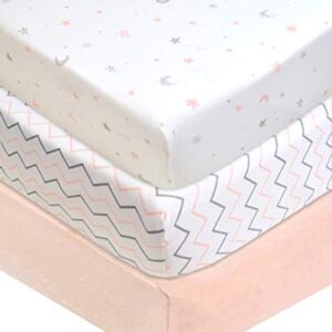 American Baby Company 3 Pack Fitted Crib Sheets 28" x 52", Soft Breathable Neutral 100% Cotton Jersey Sheet, Pink Star/Zigzag, for Boys and Girls, Fits Crib and Toddler Bed mattresses