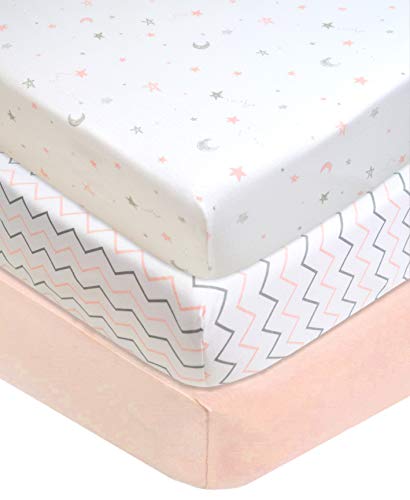 American Baby Company 3 Pack Fitted Crib Sheets 28" x 52", Soft Breathable Neutral 100% Cotton Jersey Sheet, Pink Star/Zigzag, for Boys and Girls, Fits Crib and Toddler Bed mattresses