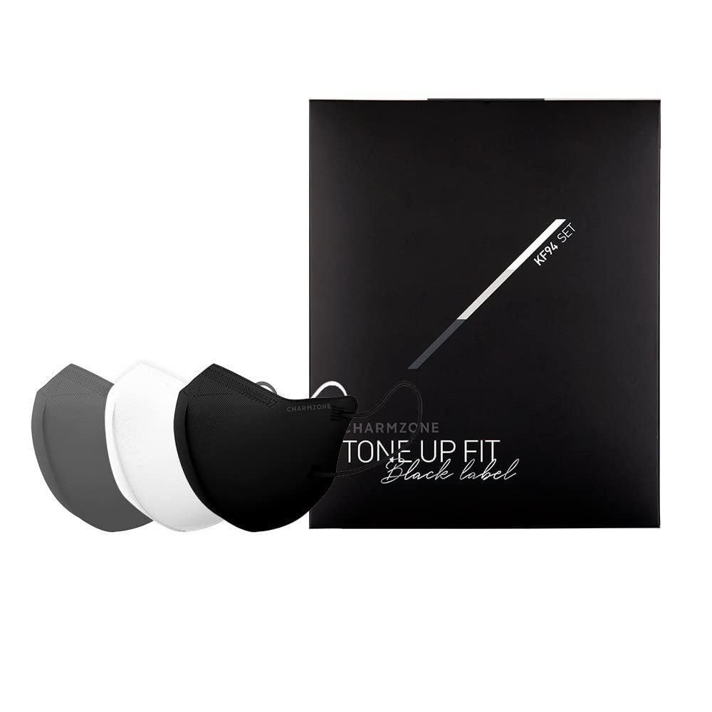 CHARMZONE Tone Up Fit Black Label KF94 Premium Protective Mask 4PLY 3EA, White + Black+Gray, Made in Korea (Medium, Trial Pack (3ea))