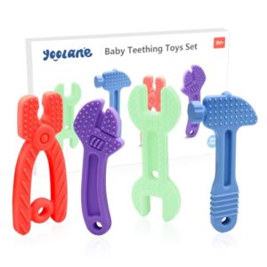 yoolane baby teething toys teethers for babies 3-24 months tools silicone teether for toddler infant boy and girl bpa free freezable chew toy newborn stuff essentials and shower gift | 4 pieces set