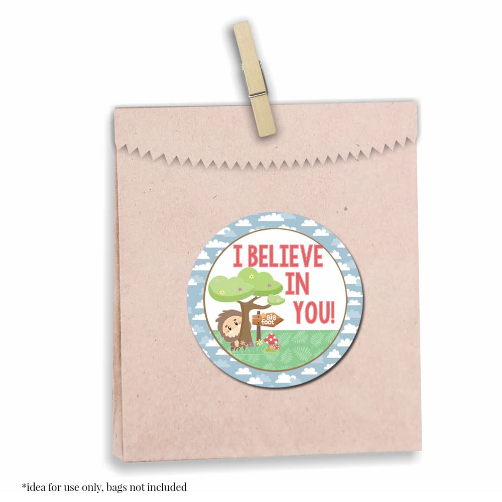 I Believe in You Bigfoot Appreciation & Encouragement Sticker Labels, 40 2" Party Circle Stickers by AmandaCreation, Great for Teachers, Co Workers, Employees and Anyone Who Needs to Feel Appreciated