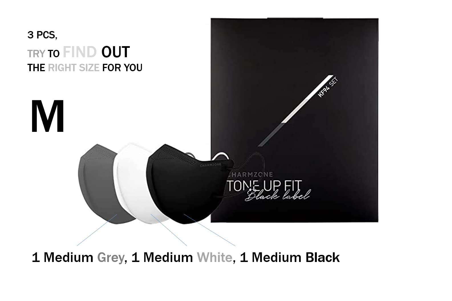 CHARMZONE Tone Up Fit Black Label KF94 Premium Protective Mask 4PLY 3EA, White + Black+Gray, Made in Korea (Medium, Trial Pack (3ea))