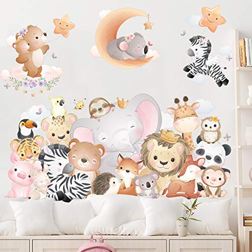 Cartoon Jungle Animal Elephant Giraffe Panda Wall Stickers, ULENDIS Cute Vinyl Forest Animal Lion Koala Zoo Wall Decals, Removable Home Decoration Baby Nursery Girl Boy Kids Room Wall Decor