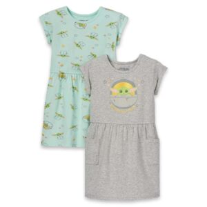 star wars girls baby yoda toddler dresses2-pack - spring and summer dresses (heather grey/green, 3t)