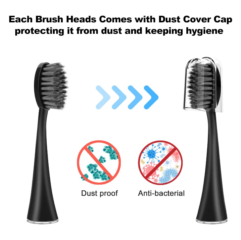 Replacement Toothbrush Heads for Burst Electric Toothbrush Adults with Dust Cover Caps, Soft Charcoal Bristles for Deep Cleaning, Plaque Removal and Whiting Teeth, 5 Counts, Black