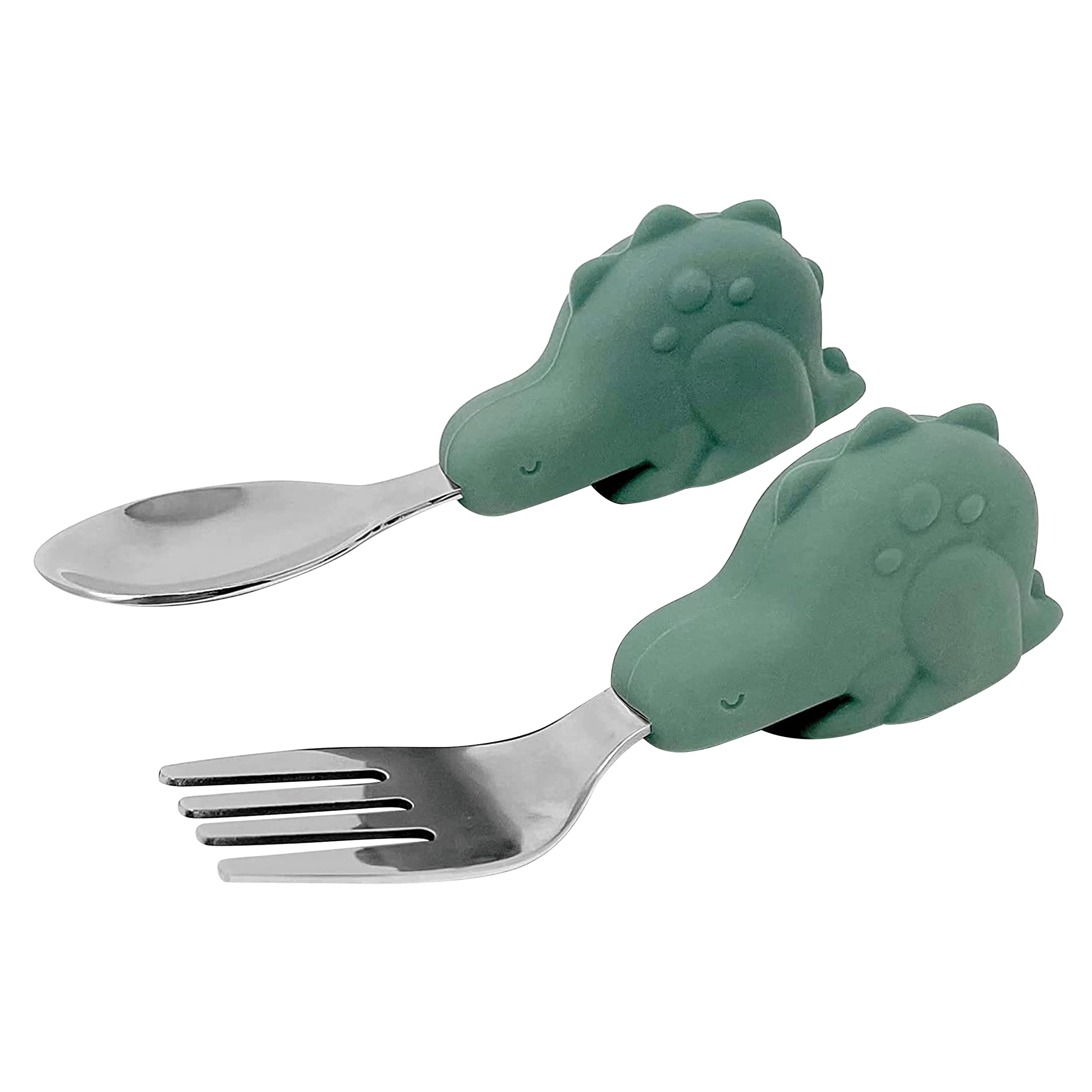 Tiny Twinkle Easy Grip Toddler Utensils Spoon and Fork Set - BPA & Phthalate Free Utensil Sets, Kids Silverware With Silicone Handle, Baby Led Weaning Supplies for 12 Months & Up (Olive Dinosaur)