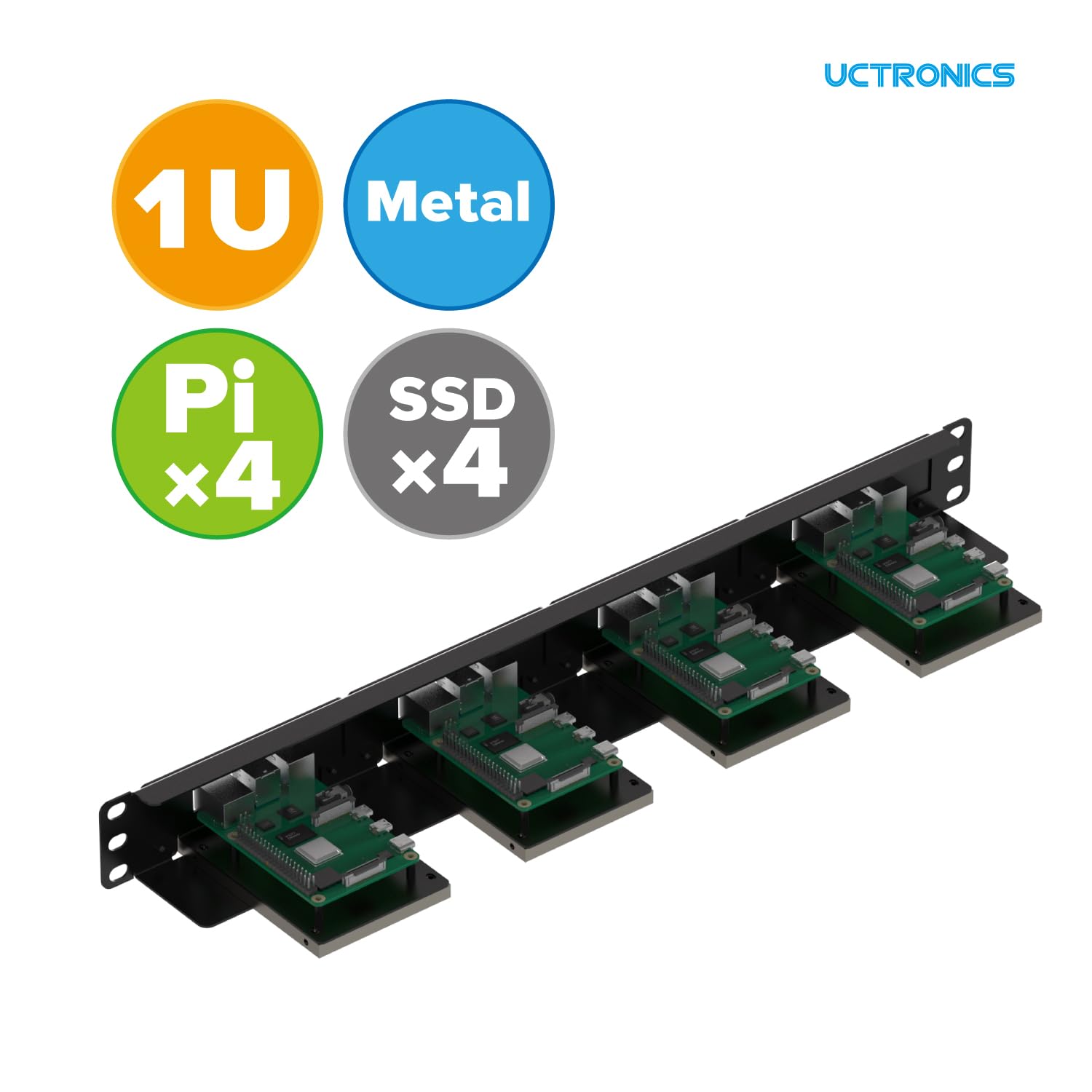 UCTRONICS 19” 1U Rack Mount for Raspberry Pi with SSD Mounting Brackets, Thumbscrews Front Removable Bracket Supports Up to 4 Raspberry Pi 5, 3B/3B+, 4B and 4 SSDs, Option SD Card Adapter