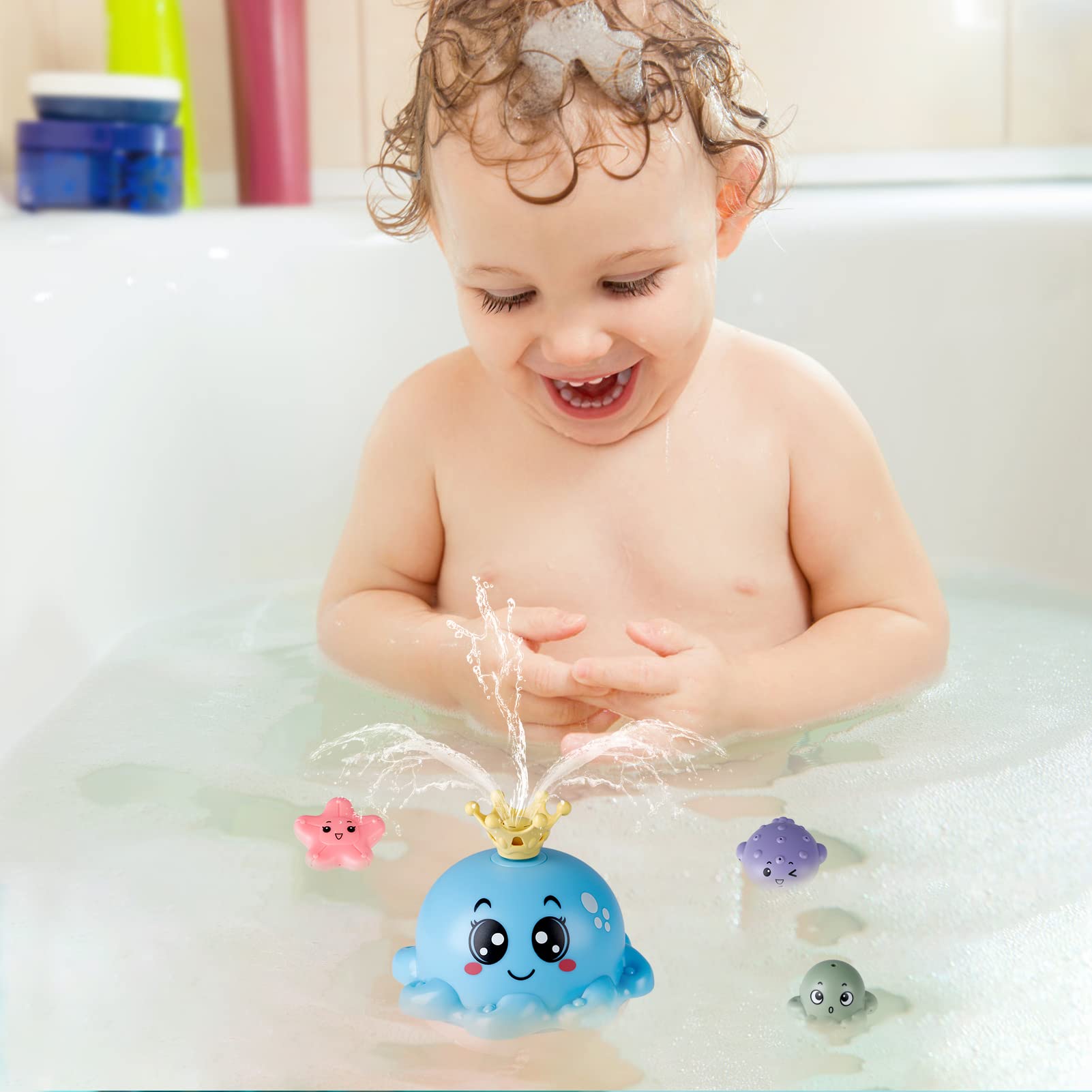 Baby Bath Toy With 4 Water Spray Modes,ToyoFun,Light Up Octopus Tub Toys for Toddler Kids,Auto-Rotating Toddlers Bathtub Toys for Boys Girls With Ocean Animals/Fountain Sprinkler/Flashing Colorful LED