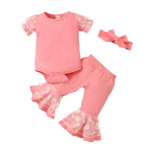 miekisa baby girls rompers flared pants suits headband free (pink, 6-12 months)