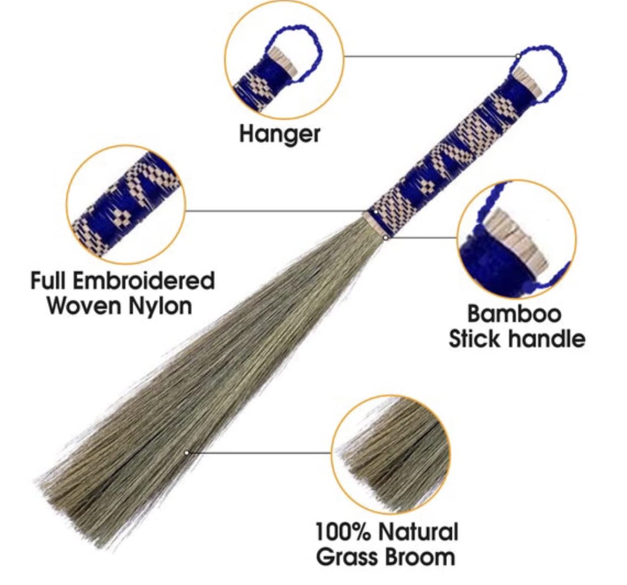 SN SKENNOVA - 14 inch Tall of Duster Brush Broom Bamboo Grass Embroidery Woven Nylon Thread Handle Multi Color on Random