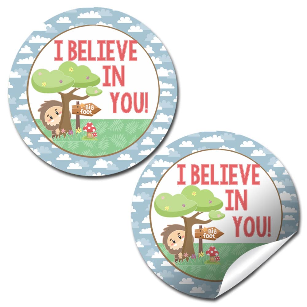 I Believe in You Bigfoot Appreciation & Encouragement Sticker Labels, 40 2" Party Circle Stickers by AmandaCreation, Great for Teachers, Co Workers, Employees and Anyone Who Needs to Feel Appreciated