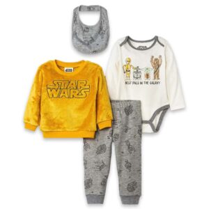 star wars baby boys infant one piece bodysuit long sleeve sweatshirt jogging pants and bibs - 4 piece cozy set (mustard yellow/grey/white, 3-6 months)