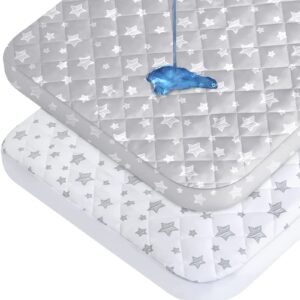 waterproof pack and play mattress pad protector 2 pack, quilted pack and play sheets cover 39" x 27", compatible with graco pack n play, playard mattress protector, grey & white star