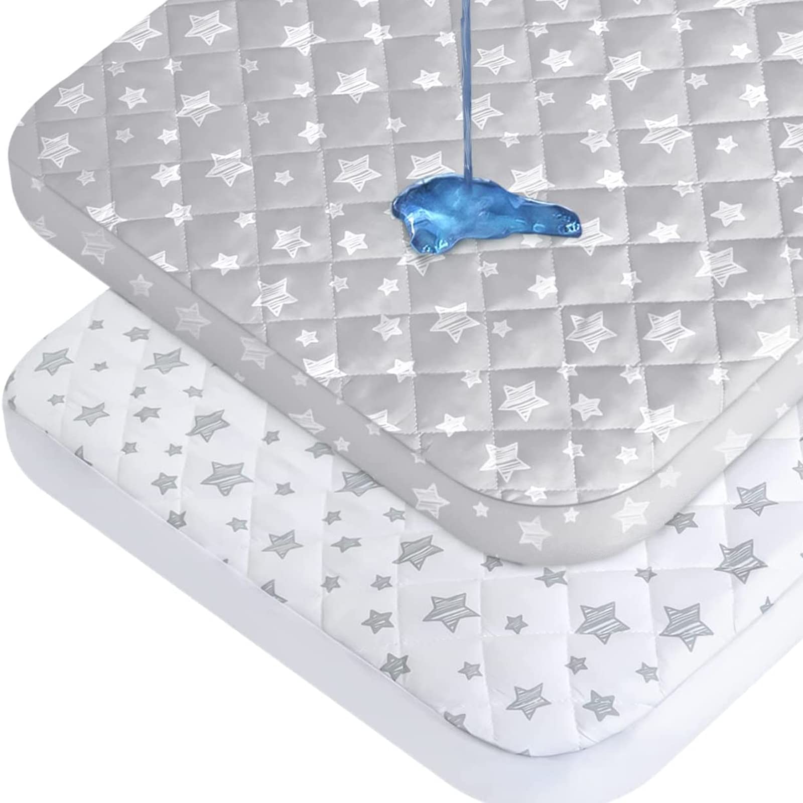 Waterproof Pack and Play Mattress Pad Protector 2 Pack, Quilted Pack and Play Sheets Cover 39" x 27", Compatible with Graco Pack n Play, Playard Mattress Protector, Grey & White Star