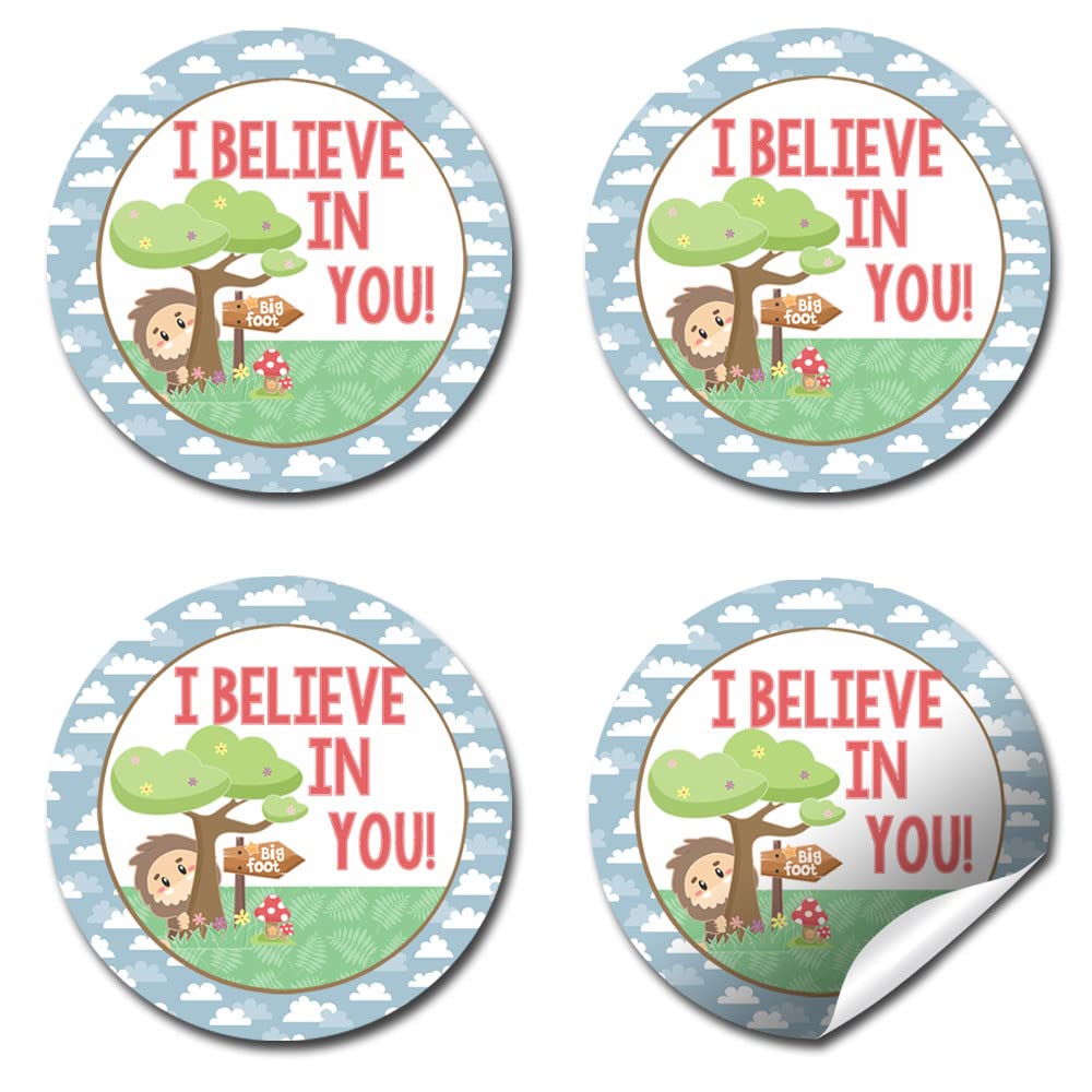 I Believe in You Bigfoot Appreciation & Encouragement Sticker Labels, 40 2" Party Circle Stickers by AmandaCreation, Great for Teachers, Co Workers, Employees and Anyone Who Needs to Feel Appreciated