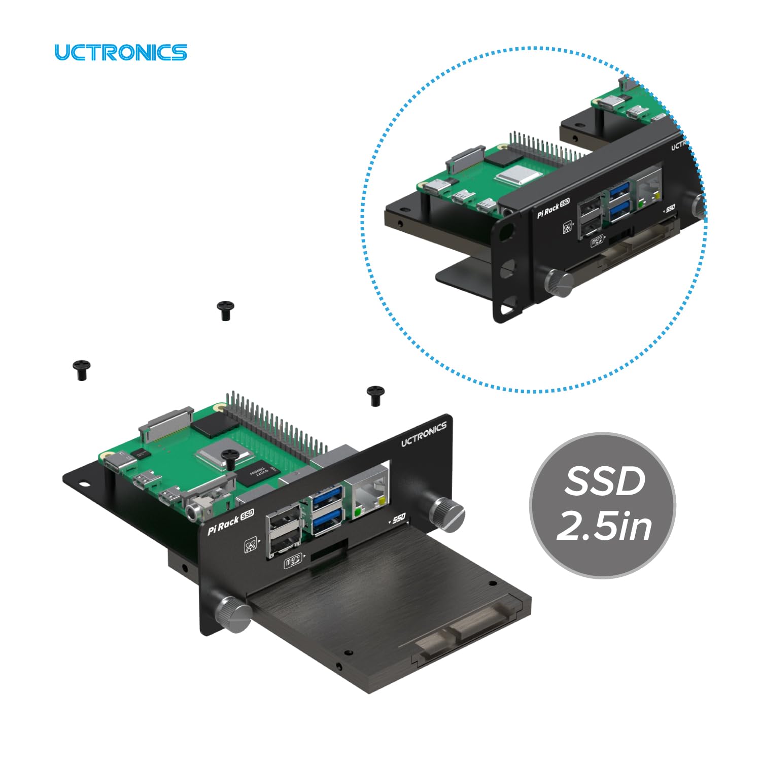 UCTRONICS 19” 1U Rack Mount for Raspberry Pi with SSD Mounting Brackets, Thumbscrews Front Removable Bracket Supports Up to 4 Raspberry Pi 5, 3B/3B+, 4B and 4 SSDs, Option SD Card Adapter