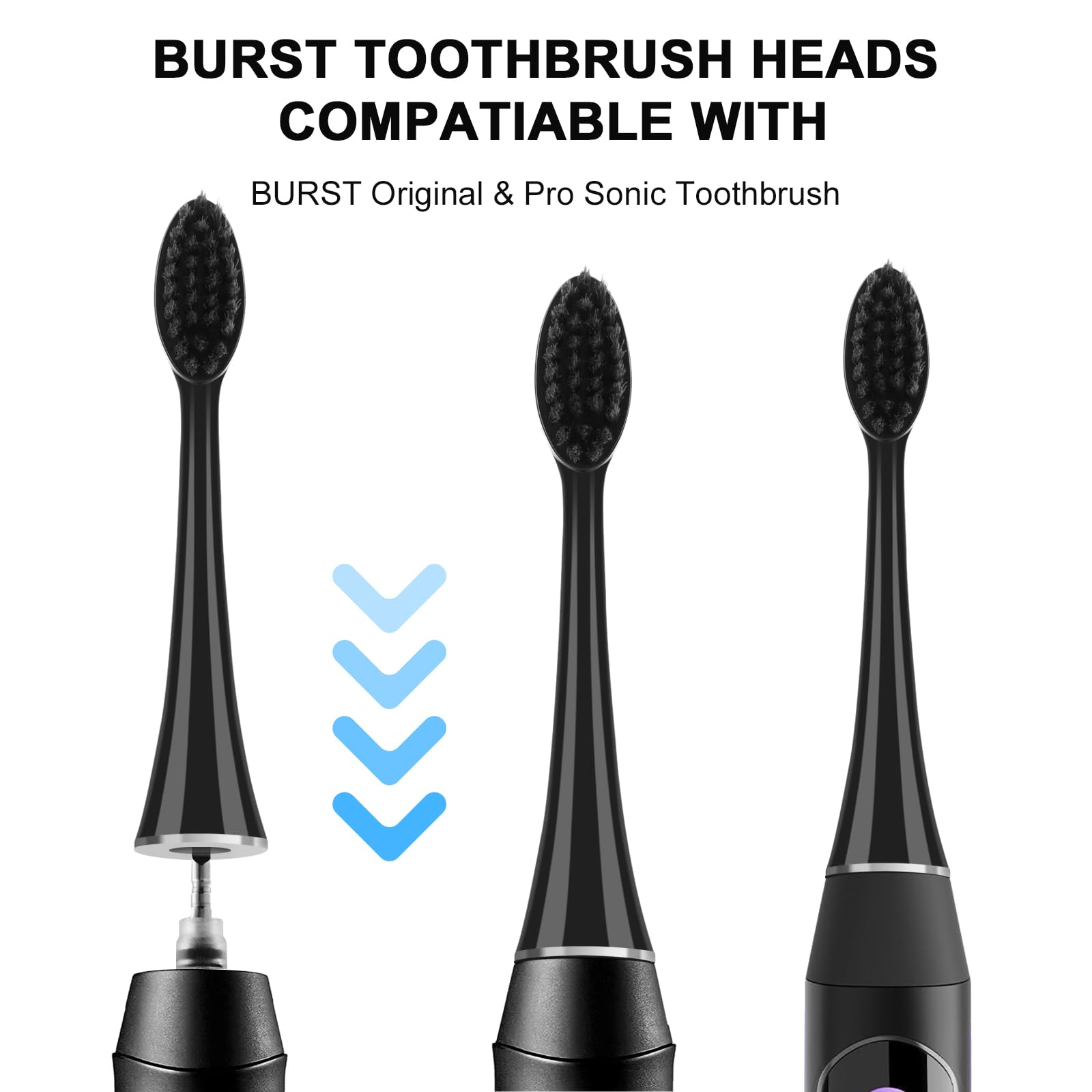 Replacement Toothbrush Heads for Burst Electric Toothbrush Adults with Dust Cover Caps, Soft Charcoal Bristles for Deep Cleaning, Plaque Removal and Whiting Teeth, 5 Counts, Black