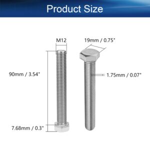 Heyiarbeit M12 Hex Bolt M12-1.75 x 90mm UNC Hex Head Screw Bolts 304 Stainless Steel Fully Threaded Hex Tap Bolts 5pcs