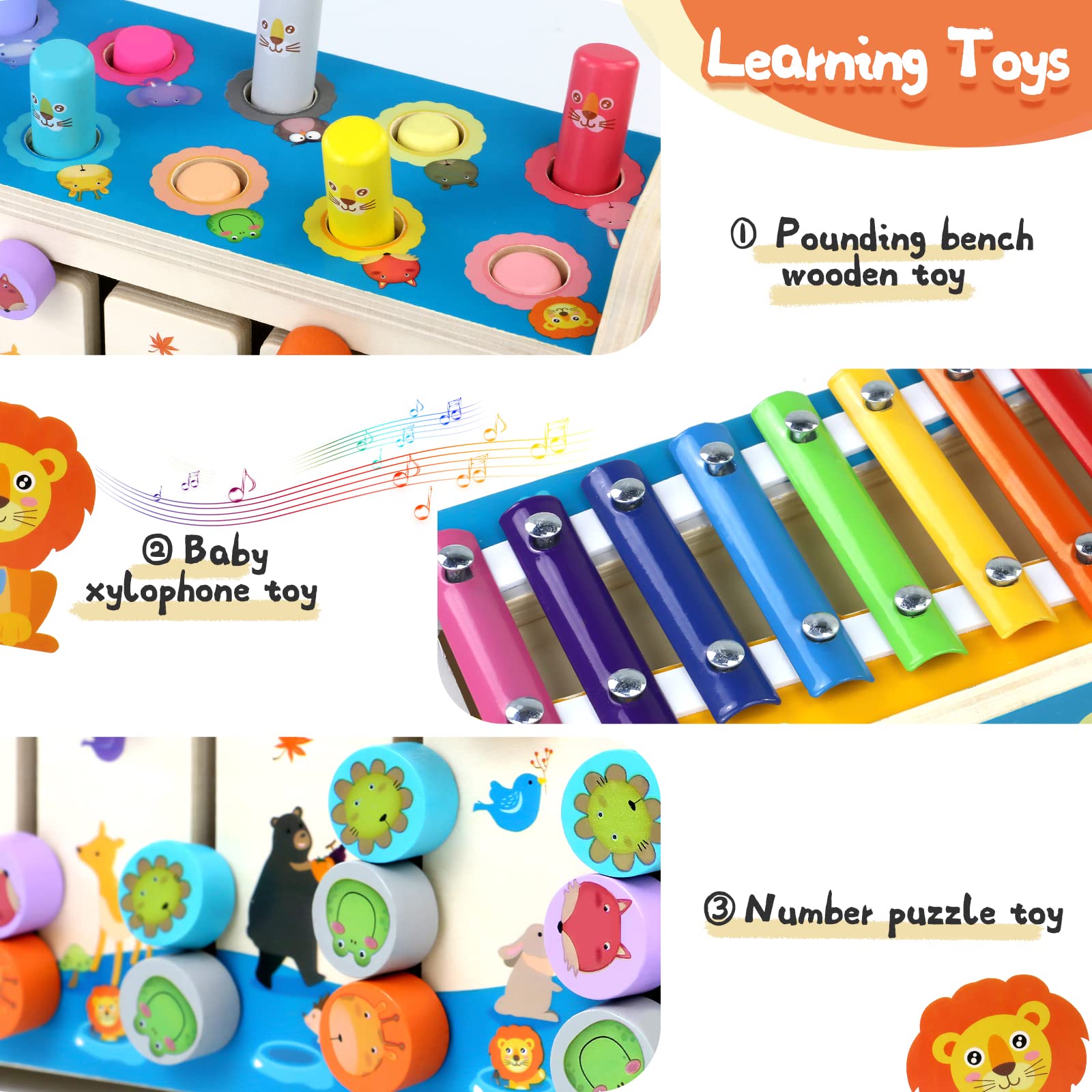 Montessori Toys for 1 Year Old Girl Boys Gifts Wooden Toys for Toddlers 1-3 with Pounding Bench Hammer Toy Xylophone Educational Number Puzzles for Age 2 3 4 Boy Girls Baby Birthday Gift