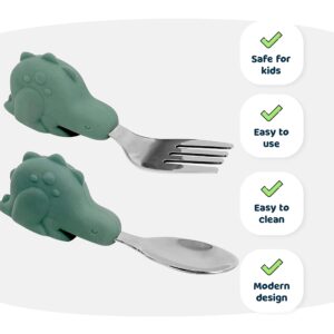 Tiny Twinkle Easy Grip Toddler Utensils Spoon and Fork Set - BPA & Phthalate Free Utensil Sets, Kids Silverware With Silicone Handle, Baby Led Weaning Supplies for 12 Months & Up (Olive Dinosaur)