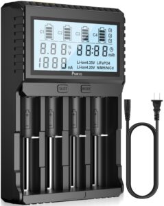 18650 battery charger with testing functions, powxs universal 3.7v charger for li-ion rechargeable batteries imr lithium 26650 21700 18650 16340 14500 10440, ni-mh/ni-cd aa aaa c batteries