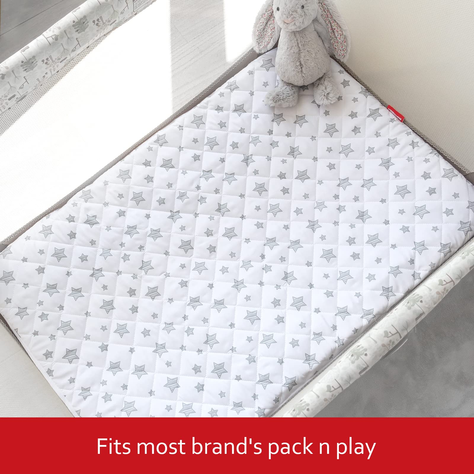 Waterproof Pack and Play Mattress Pad Protector 2 Pack, Quilted Pack and Play Sheets Cover 39" x 27", Compatible with Graco Pack n Play, Playard Mattress Protector, Grey & White Star