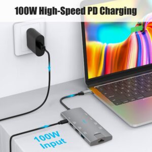 AGVEE Dual 4K@60HZ HDMI USB-C Hub, 9-in-1 Type-C Adapter with Flip Gigabit Ethernet RJ45, 2 Displays Monitors Output, 100W PD & USBC Data Dock for Steam Deck, MacBook Laptop, iPad Pro, Gray