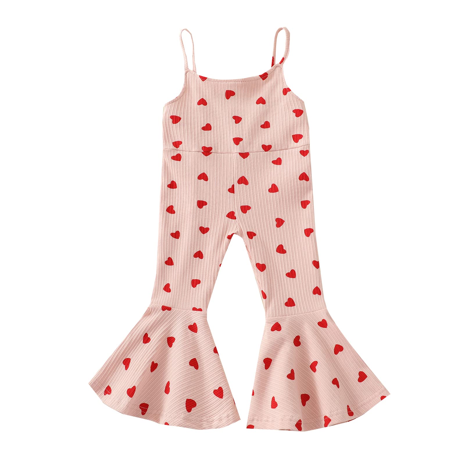 DuAnyozu Toddler Baby Girl Valentines Day Outfit Sleeveless Ribbed Romper One Piece Bell Bottom Jumpsuit Love Heart Outfit (Red Love Heart, 18-24 Months)