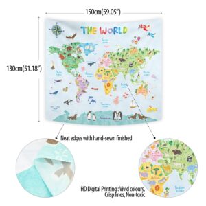 BASHOM TP-001 Animal World Map Tapestry Poster for Kids Educational learning Wall Hanging for Bedroom Living Room Nursery Dorm Home Decor 60''x50''(150x130cm)