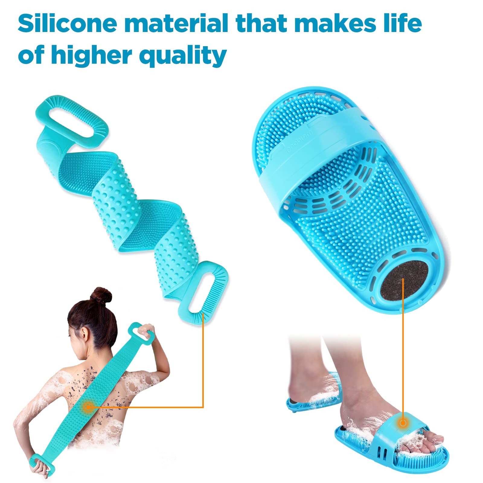 Silicone Shower Foot Scrubber Bath Brush Set,Silicone Shower Foot Scrubber Plus Shower Body Brush,Personal Shower Cleaning Kit for Women and Men,Blue