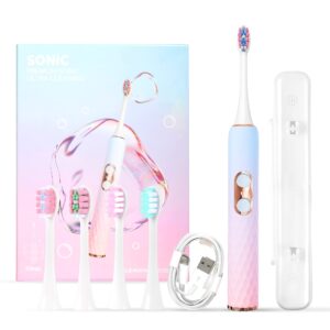 dycrol electric toothbrush, ipx7 waterproof, 9 high-efficiency brushing modes, 4 replacement brush heads, 2-month battery life, fast charging, gradient pink