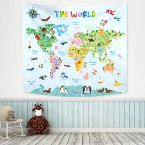 BASHOM TP-001 Animal World Map Tapestry Poster for Kids Educational learning Wall Hanging for Bedroom Living Room Nursery Dorm Home Decor 60''x50''(150x130cm)