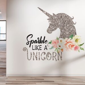 Sparkle Gold Unicorn Wall Decor - Flower Wall Decals - Unicorn Gifts for Girls Bedroom - Unicorn Sticker Wall Decals - Baby Nursery Decor Wall Art Vinyl Removable KA1649 (20"W x 18"H (50x45cm))