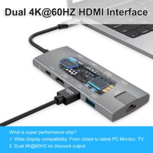 AGVEE Dual 4K@60HZ HDMI USB-C Hub, 9-in-1 Type-C Adapter with Flip Gigabit Ethernet RJ45, 2 Displays Monitors Output, 100W PD & USBC Data Dock for Steam Deck, MacBook Laptop, iPad Pro, Gray