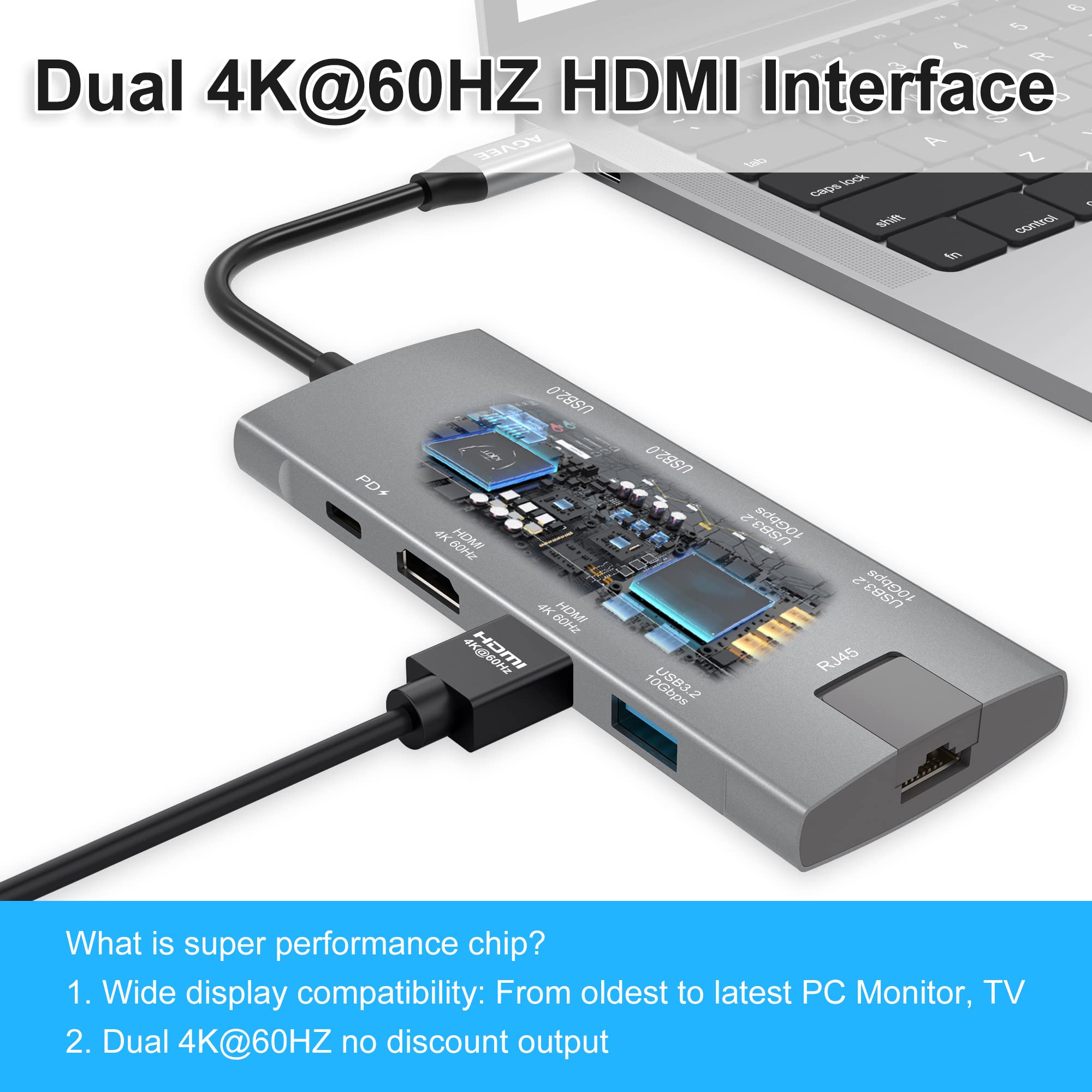 AGVEE Dual 4K@60HZ HDMI USB-C Hub, 9-in-1 Type-C Adapter with Flip Gigabit Ethernet RJ45, 2 Displays Monitors Output, 100W PD & USBC Data Dock for Steam Deck, MacBook Laptop, iPad Pro, Gray