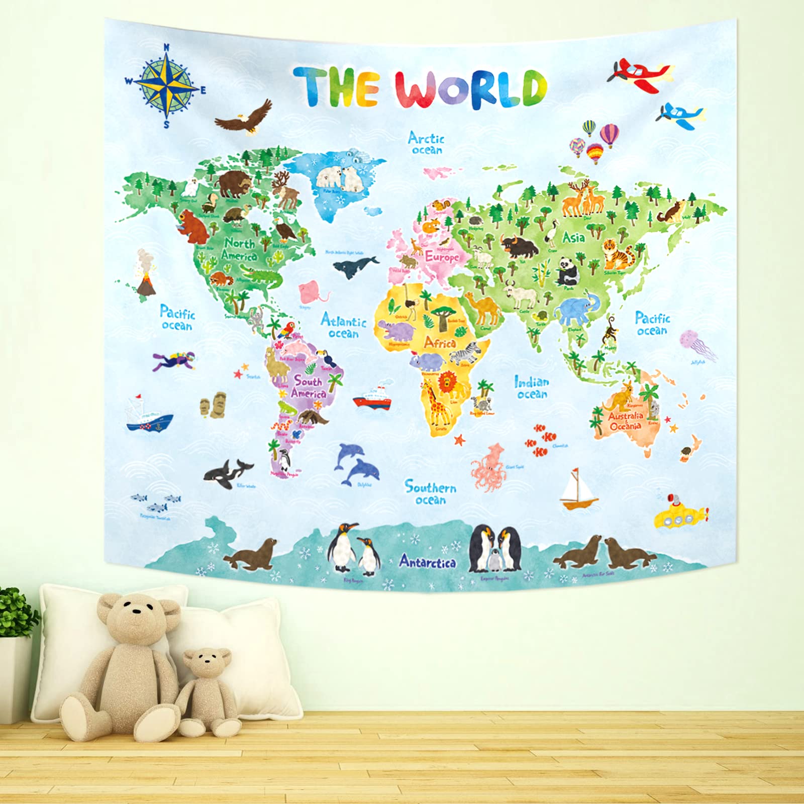 BASHOM TP-001 Animal World Map Tapestry Poster for Kids Educational learning Wall Hanging for Bedroom Living Room Nursery Dorm Home Decor 60''x50''(150x130cm)