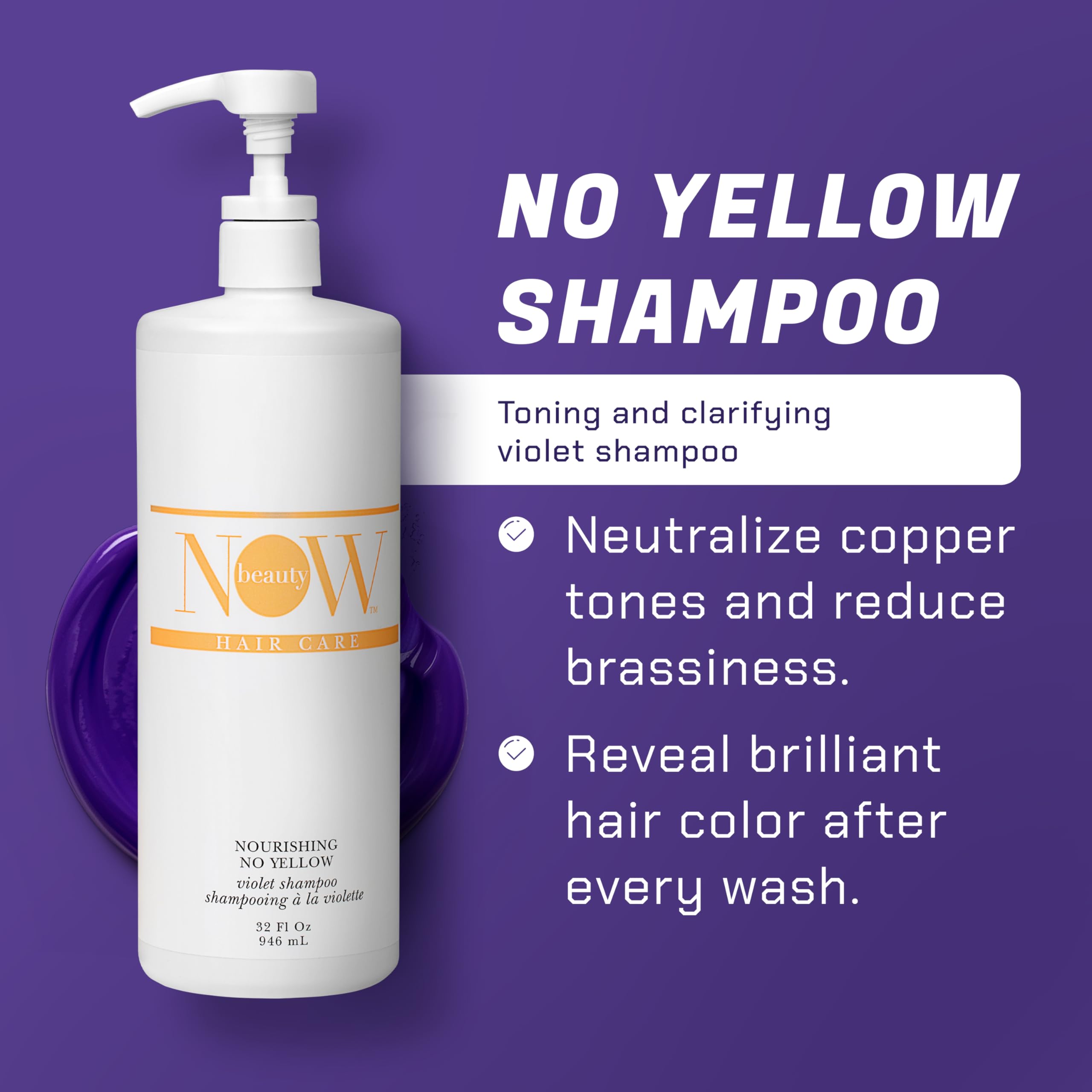 NOW BEAUTY Nourishing No Yellow Violet Shampoo - Purple Shampoo for Blonde Color-Treated Hair - Removes Brassiness - Hydrate - Vegan - Color safe - Paraben & Sulfate free - For Men & Women - 32 Oz