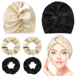 geyoga 6 pcs reusable large silk bonnet hair wrap for sleeping, natural silk scrunchy, soft scrunchies, silk ponytail holder for women's hair care (black, beige)