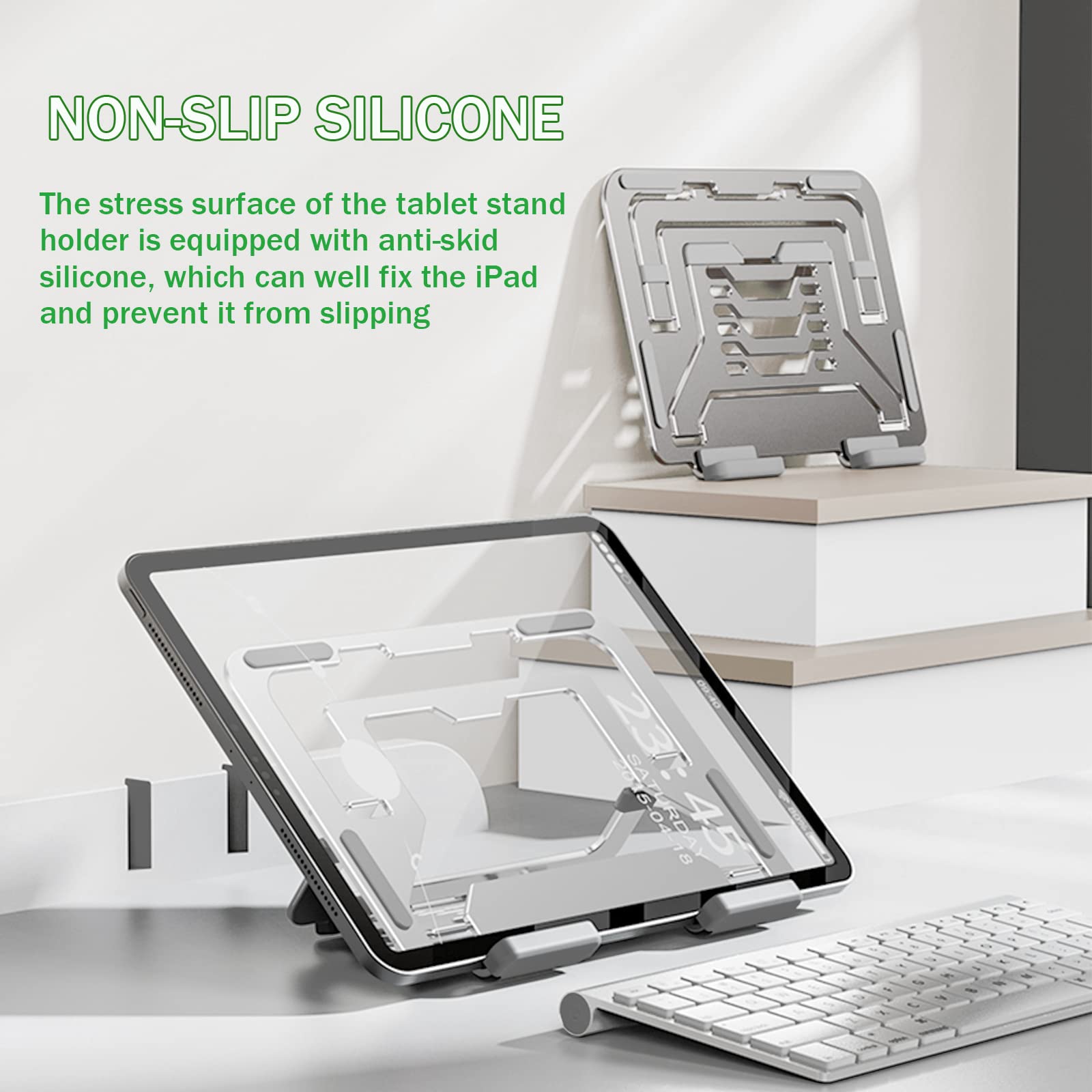 Tablet Stand for Desk, Tablet Holder for iPad Stand Foldable & Adjustable Six Level, Non-slip Stable Ultrathin 3mm Aluminium Tablet Stand Holder for iPad 7 to 12.9/Surfaces/Kindle/Drawing Tablets