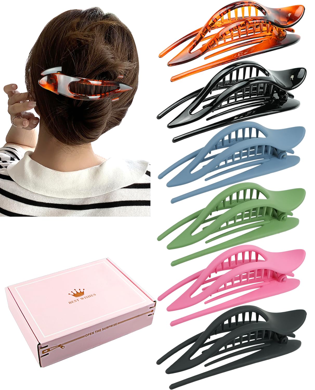 6 Pcs Thick Hair Clips Set for Women & Girls: 5" Large Side Slides, Strong Hold No Slip Grip, Flat Curved Claw Clamps, Duckbill Clamps for Long Hair