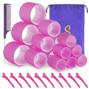 self grip hair roller set,18 pcs,hair rollers with hair roller clips and comb,salon hairdressing curlers,diy hair styles, sungenol 3 sizes rose red hair rollers in 1 set