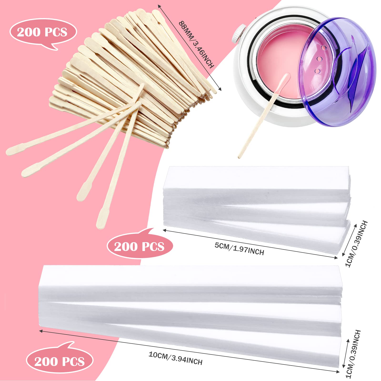 Waxing Kit with 400 White Wax Paper Cloth Eyebrow Strips, 200 Wooden Applicator Sticks for Body Hair Removal