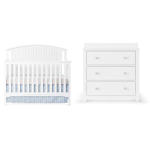 child craft cottage curve crib and dresser nursery set, 3-piece, includes 4-in-1 convertible crib, 3 drawer dresser, and changing table topper, grows with your baby (matte white)