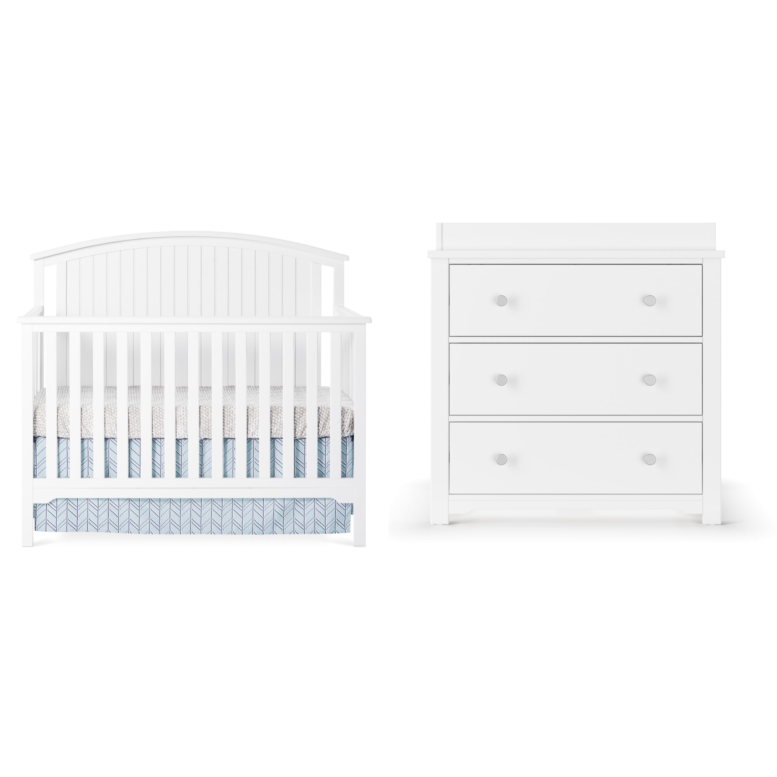 Child Craft Cottage Curve Crib and Dresser Nursery Set, 3-Piece, Includes 4-in-1 Convertible Crib, 3 Drawer Dresser, and Changing Table Topper, Grows with Your Baby (Matte White)