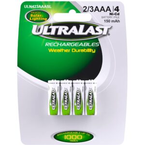 ULTRALAST ULN423AAASL - 2/3 AAA (Two Thirds Triple A Battery) Solar Batteries for Outdoor Solar Lights - NICAD 1.2 Volt, 150mAh, Rechargeable Battery Pack for Garden Lighting - Recharges Up to 1000x