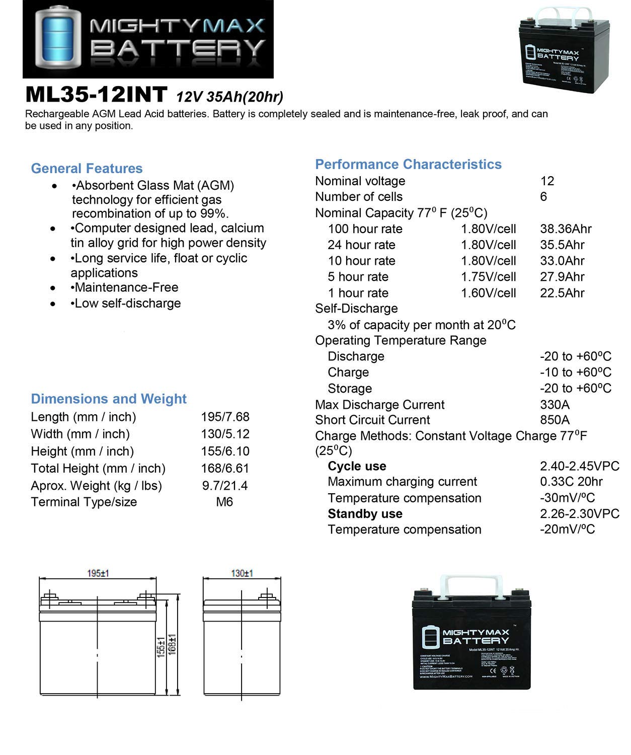 Mighty Max Battery 12V 35AH INT Replacement Battery for Weize TL1235-2 Pack