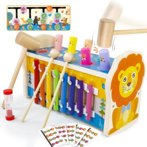 montessori toys for 1 year old girl boys gifts wooden toys for toddlers 1-3 with pounding bench hammer toy xylophone educational number puzzles for age 2 3 4 boy girls baby birthday gift