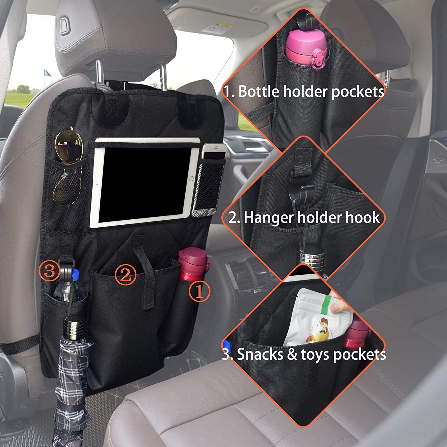 MDSTOP Car Seat Organizer with Kick Mats, Universal Seat Protector for Vehicle Travel Accessories with 14 Storage Pockets and 10” Touch Screen Tablet Holder (Black1(L), 16.4" x 24.3")