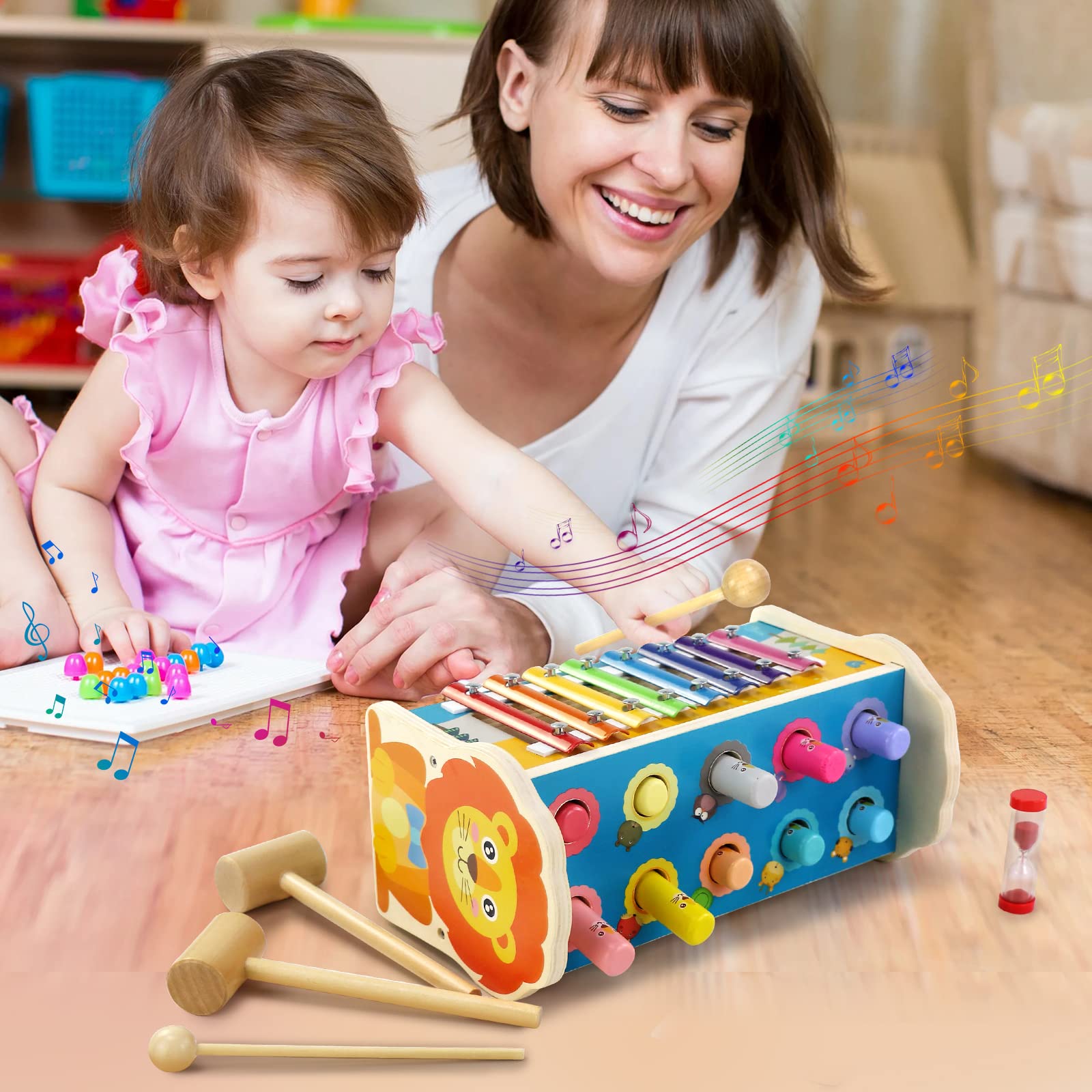 Montessori Toys for 1 Year Old Girl Boys Gifts Wooden Toys for Toddlers 1-3 with Pounding Bench Hammer Toy Xylophone Educational Number Puzzles for Age 2 3 4 Boy Girls Baby Birthday Gift